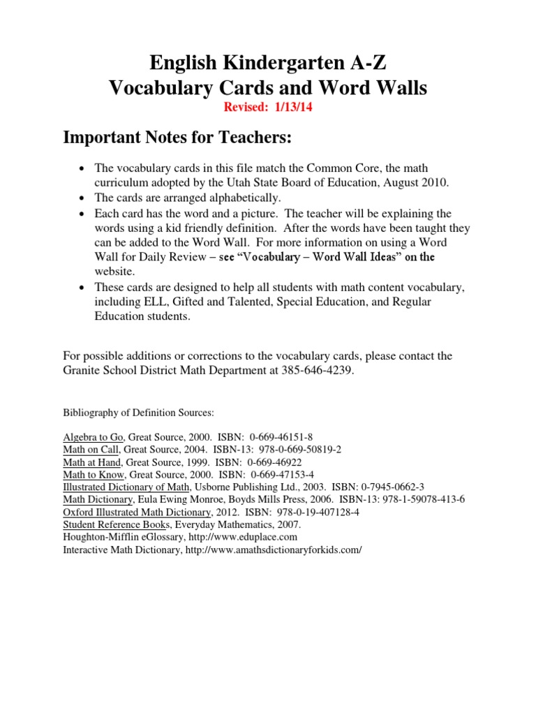 Vocabulary Cards Kindergarten PDF | Download Free PDF | Teaching ...