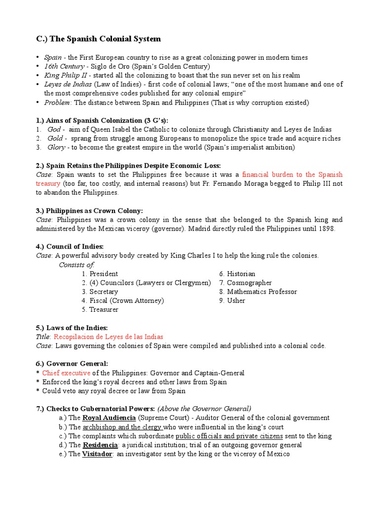 The Spanish Colonial System Summary | PDF | Spanish Empire | Philippines