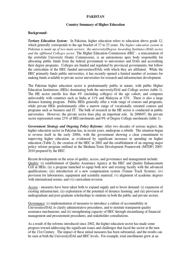 Tertiary Education System: in Pakistan, Higher Education Refers To ...