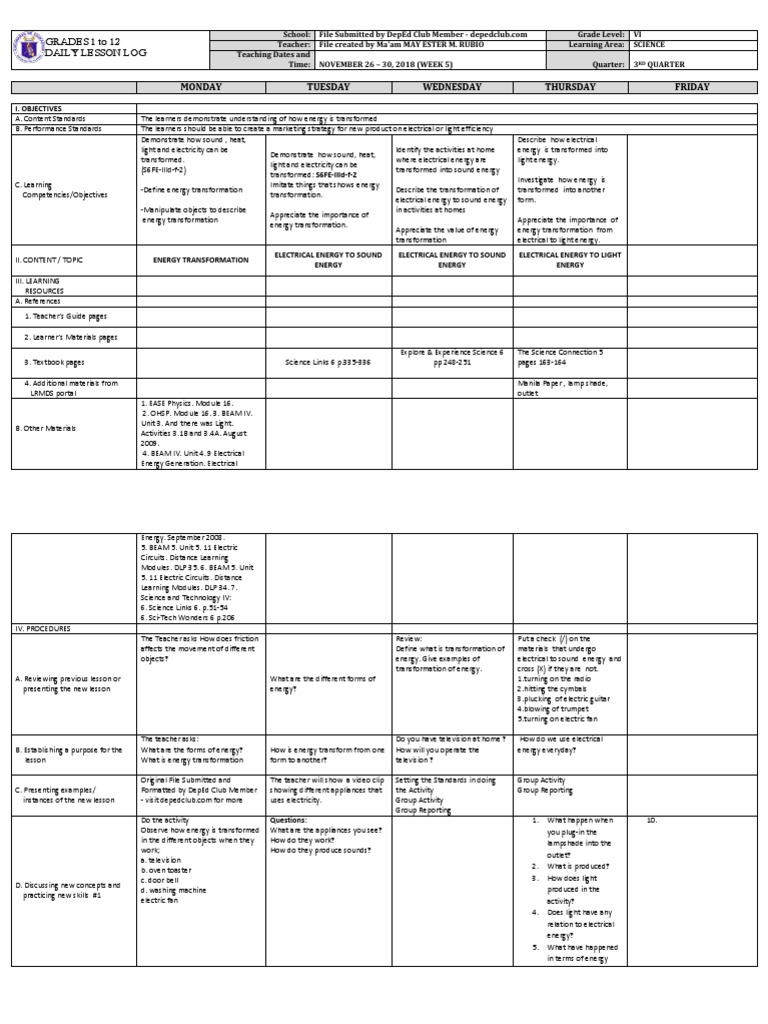 Energy Transformation in Grade 6 Science | PDF | Differentiated ...