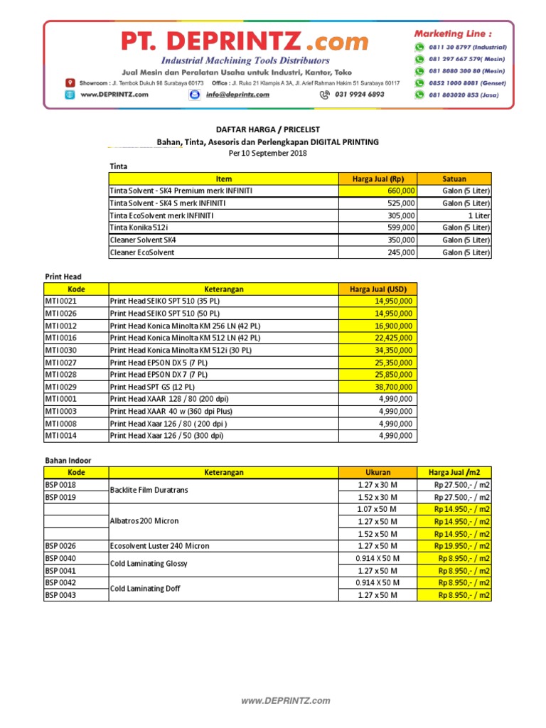 Price List Bahan Tinta Sparepart Asesoris Digital Printing Indoor ...