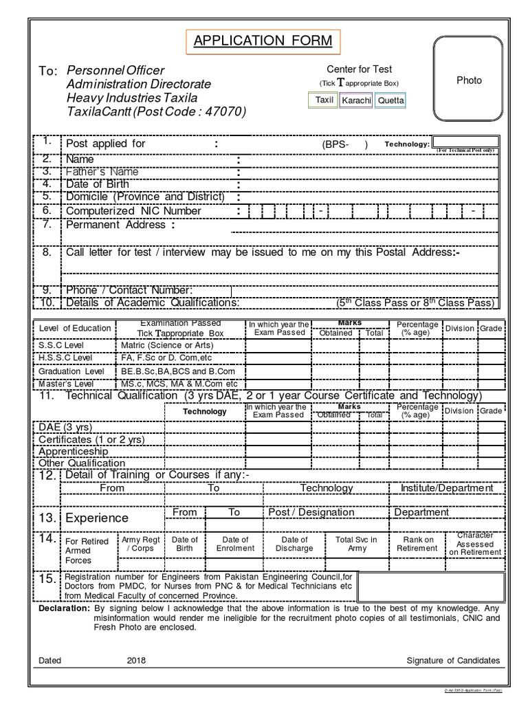 Application Form: Administration Directorate Heavy Industries Taxila ...