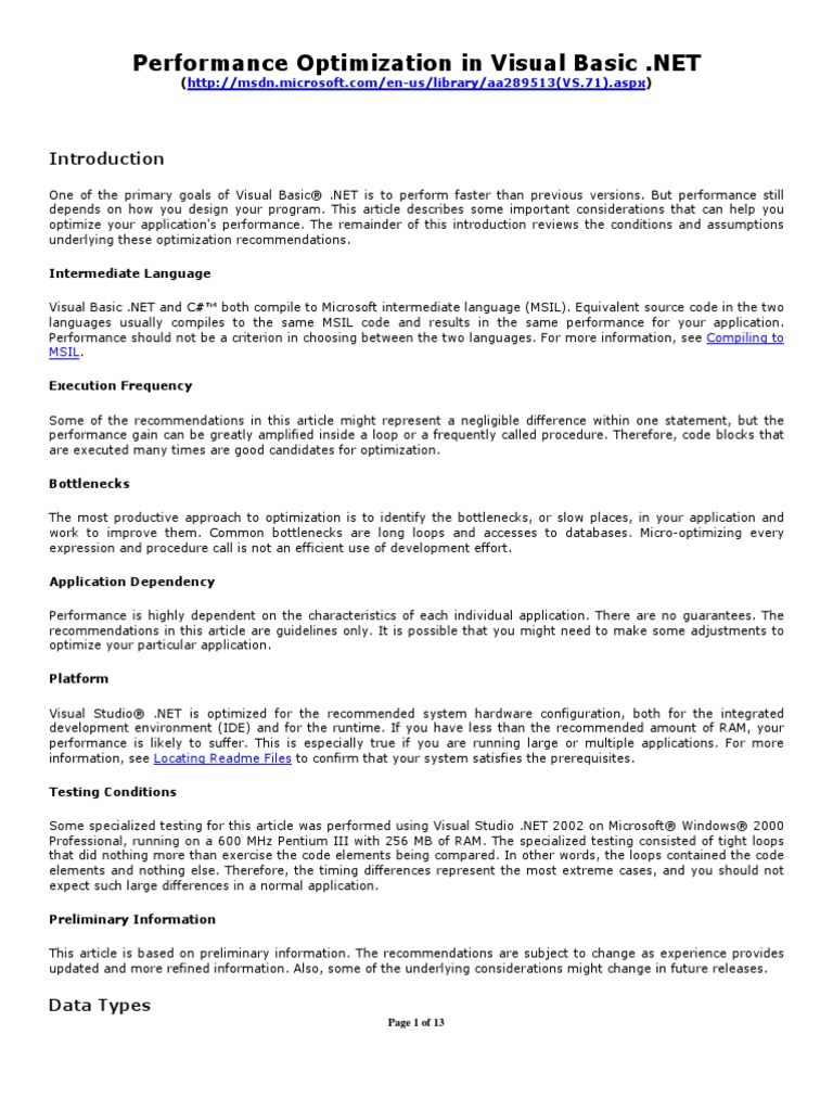 Performance Optimization in Visual Basic | Download Free PDF | Variable (Computer Science ...