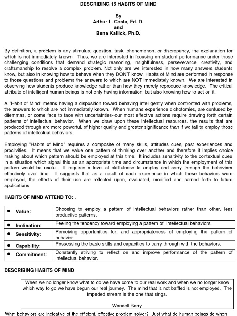 Describing 16 Habits of Mind | PDF | Metacognition | Perception