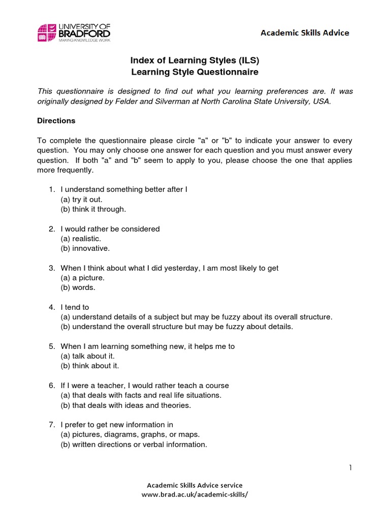 Index of Learning Styles (ILS) Learning Style Questionnaire | PDF | Learning Styles | Tutor
