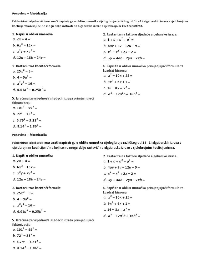 Ponovimo - Faktorizacija | PDF