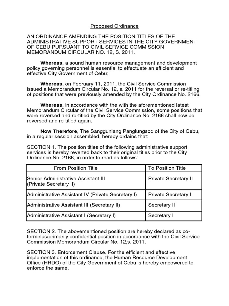 Draft Ordinance (Re-Titling of Positions) | PDF | Secretary | Official ...