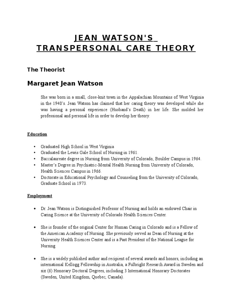 Jean Watson'S Transpersonal Care Theory | PDF | Nursing | Self