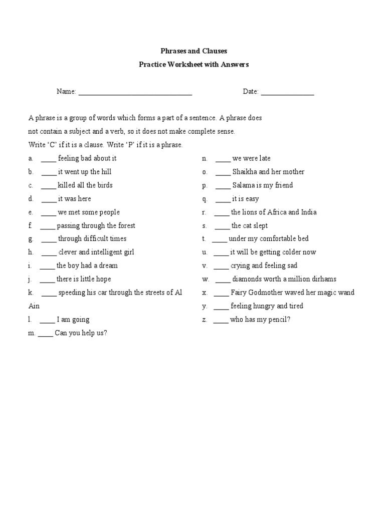 Phrases and Clauses Practice Worksheet With Answers | PDF