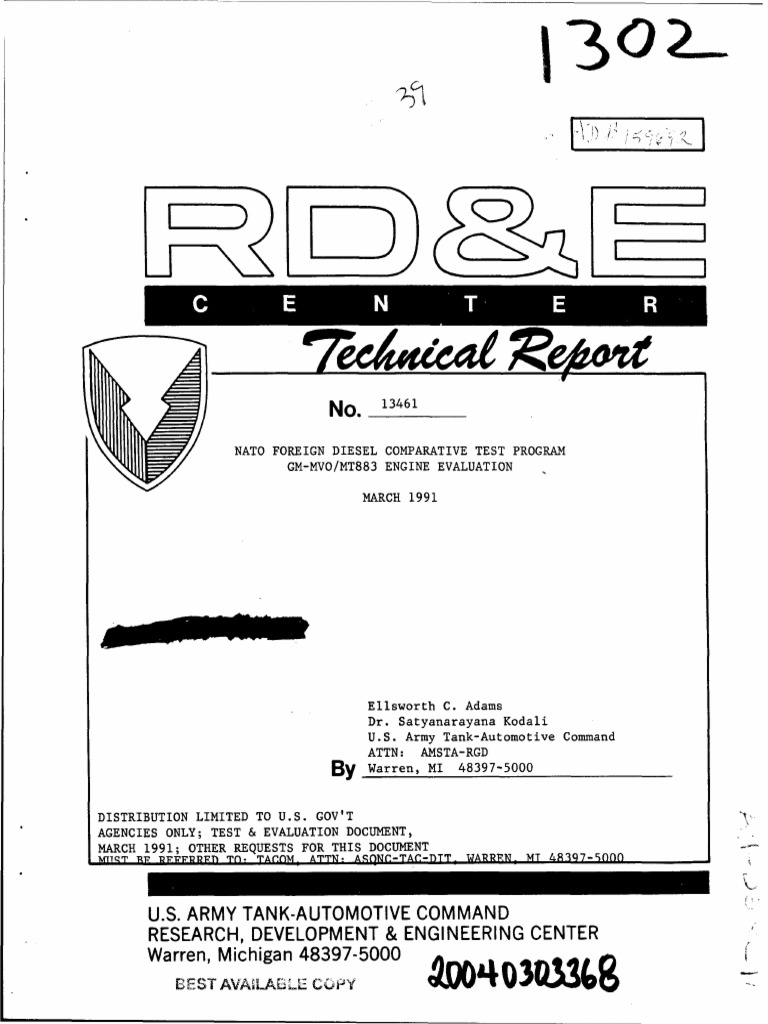 Nato Foreign Diesel Comparative Test Program Gm-Mvo Mt883 Engine ...