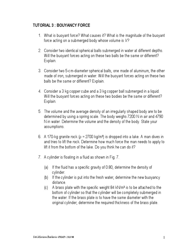 Tutorial 3 Bouyancy Force | PDF | Buoyancy | Physics