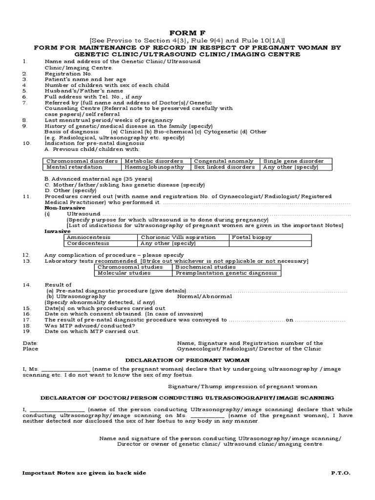 PNDT Form F | PDF | Medical Ultrasound | Fetus