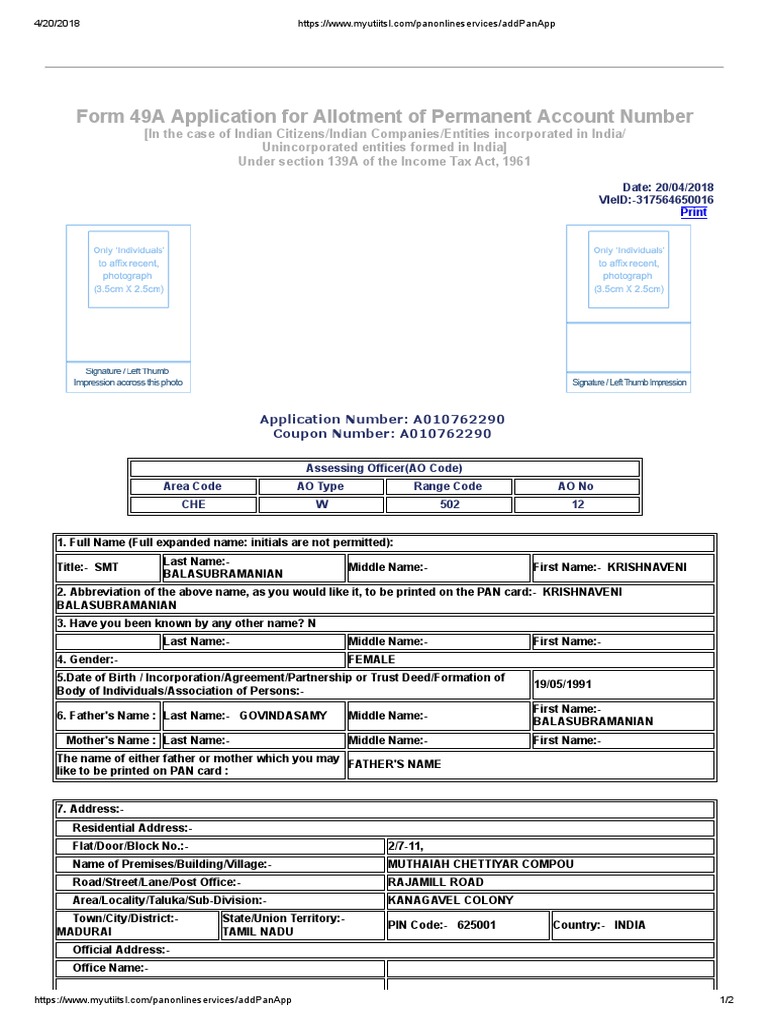 Form 49A Application For Allotment of Permanent Account Number | PDF ...
