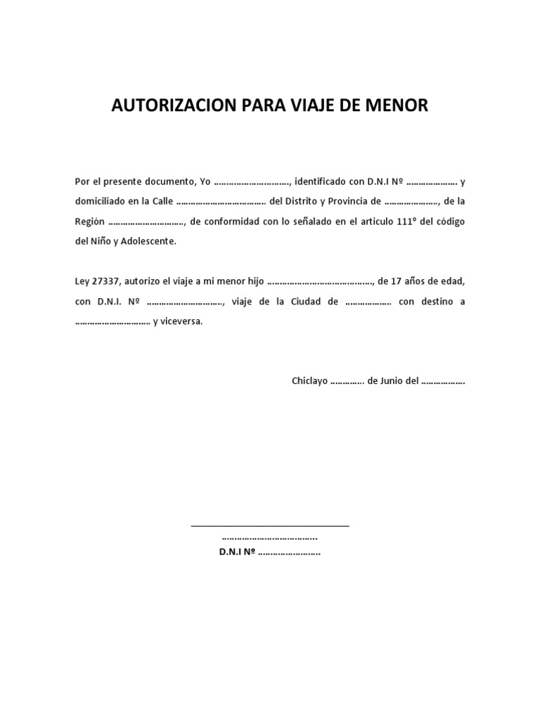 Autorizacion Para Viaje de Menor Autorizacion Para Viaje de Menor