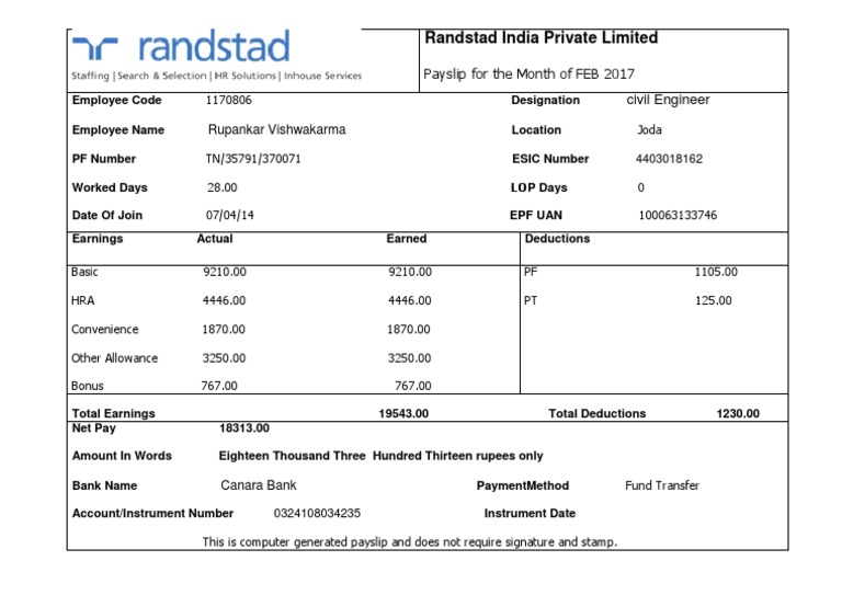 Pay Slip Feb-18 PDF | PDF
