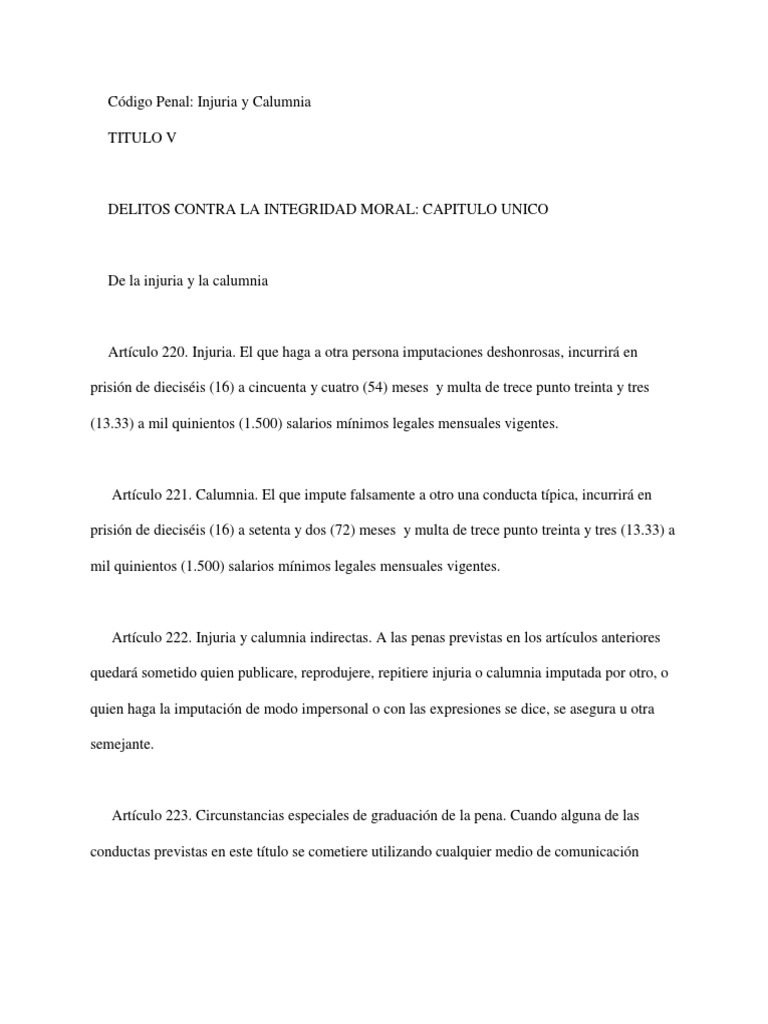Injuria y Calumnia - Código Penal | PDF | Difamación | Derecho penal