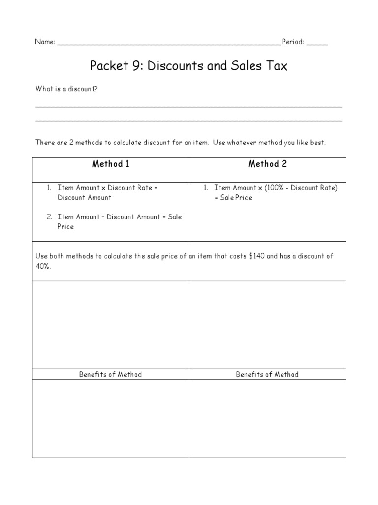 Packet 9: Discounts and Sales Tax: Method 1 Method 2 | PDF | Sales ...