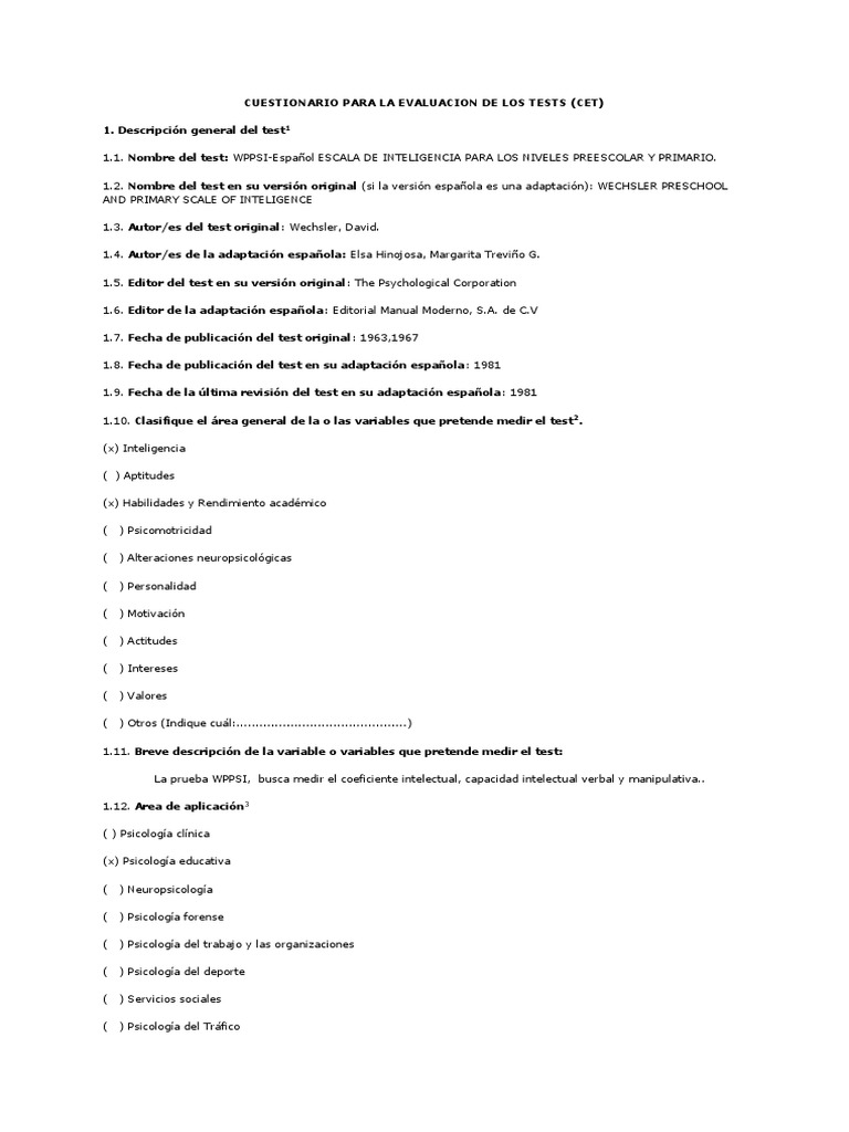EJEMPLO DE CUESTIONARIO PARA LA EVALUACION DE LOS TESTS (CET) | Validez ...