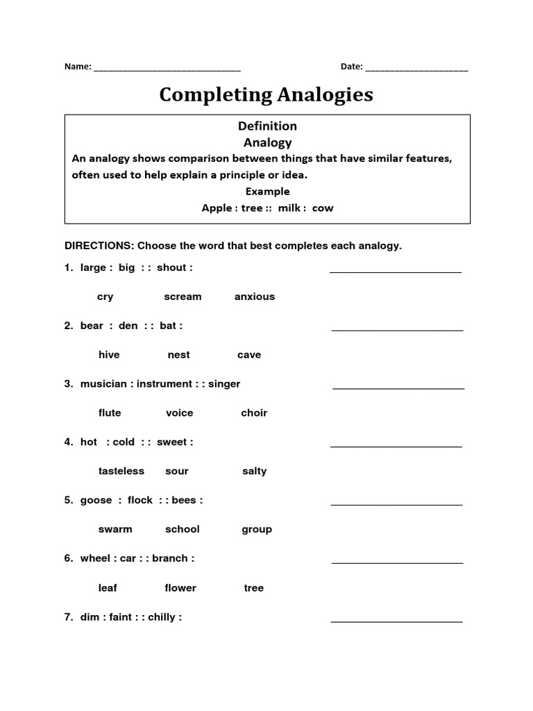 Completing Analogy Worksheet