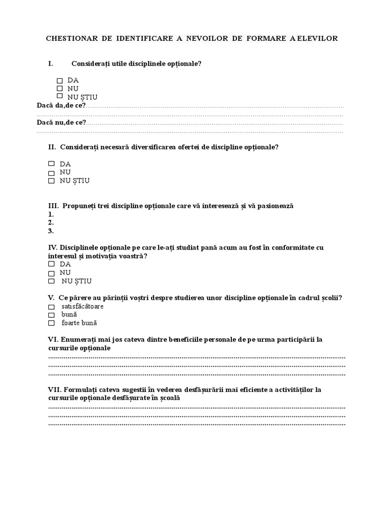 Chestionar - CDS - Elevi | PDF
