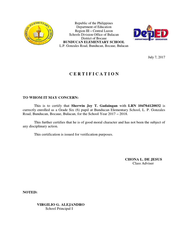 Certification: To Whom It May Concern | PDF