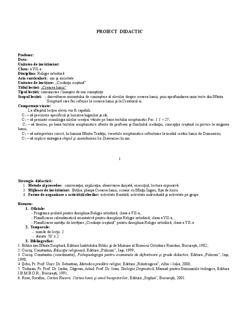 Crearea Lumii - Proiect Lectie Religie Cls. A VII-a | PDF