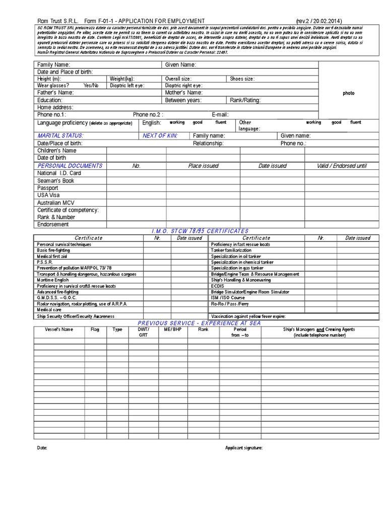 Rom Trust Employment Application Form | PDF | Ships | Watercraft