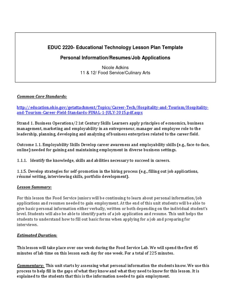 EDUC 2220-Educational Technology Lesson Plan Template Personal ...