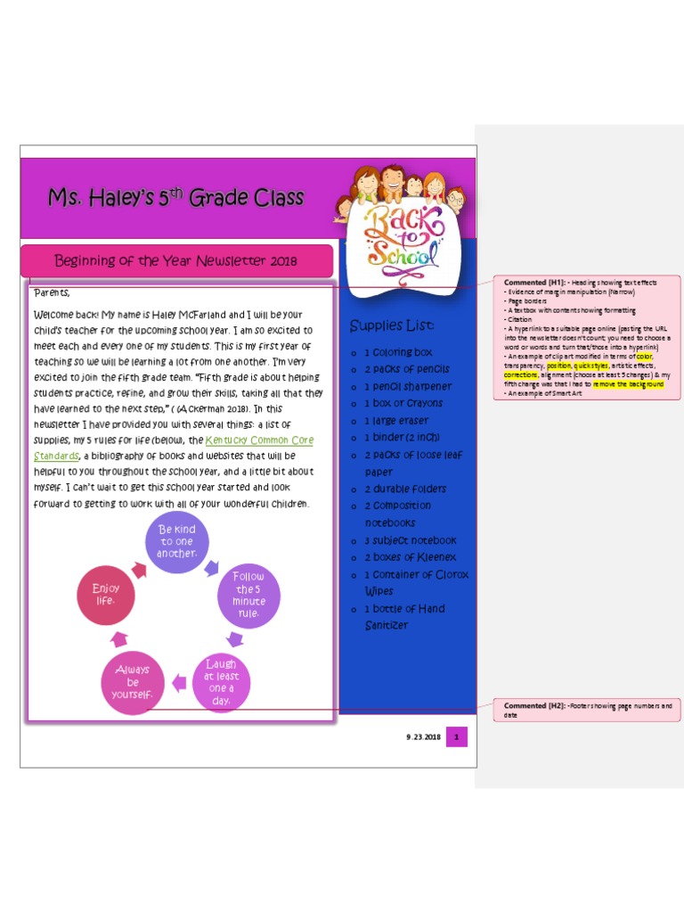 Fifth Grade Class Newsletter 2018 | PDF