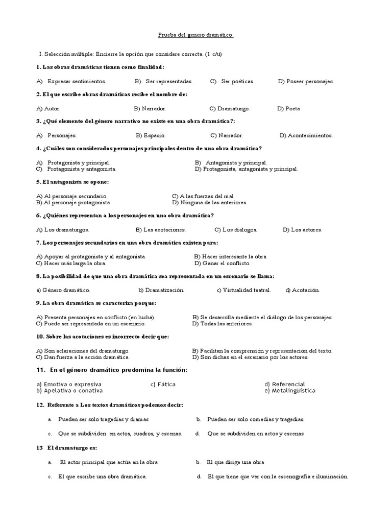 Prueba Del Genero Dramatico. 5° Basico | PDF | Comedia | Teatro
