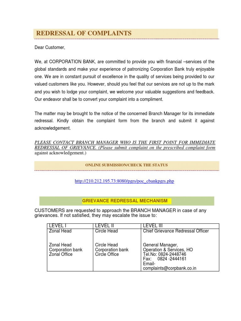 Corporation Bank Grievance Redressal Guide | PDF | Government | Business