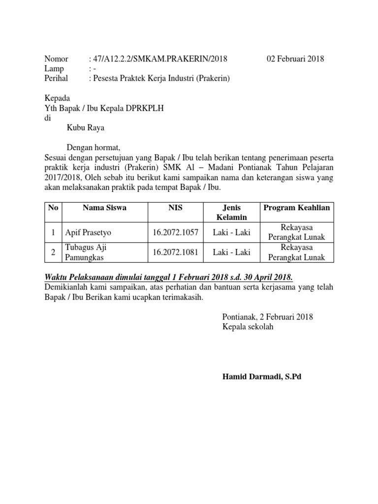Contoh Surat Pengantar PKL | PDF