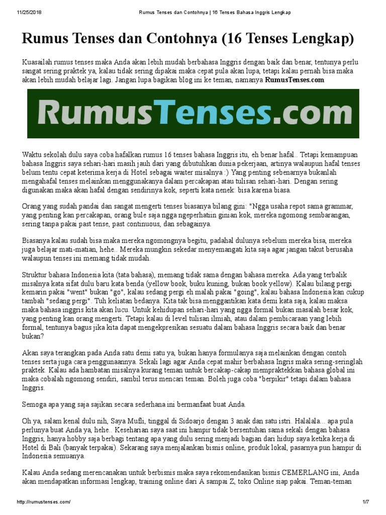 Rumus Lengkap 16 Tenses Bahasa Inggris | PDF