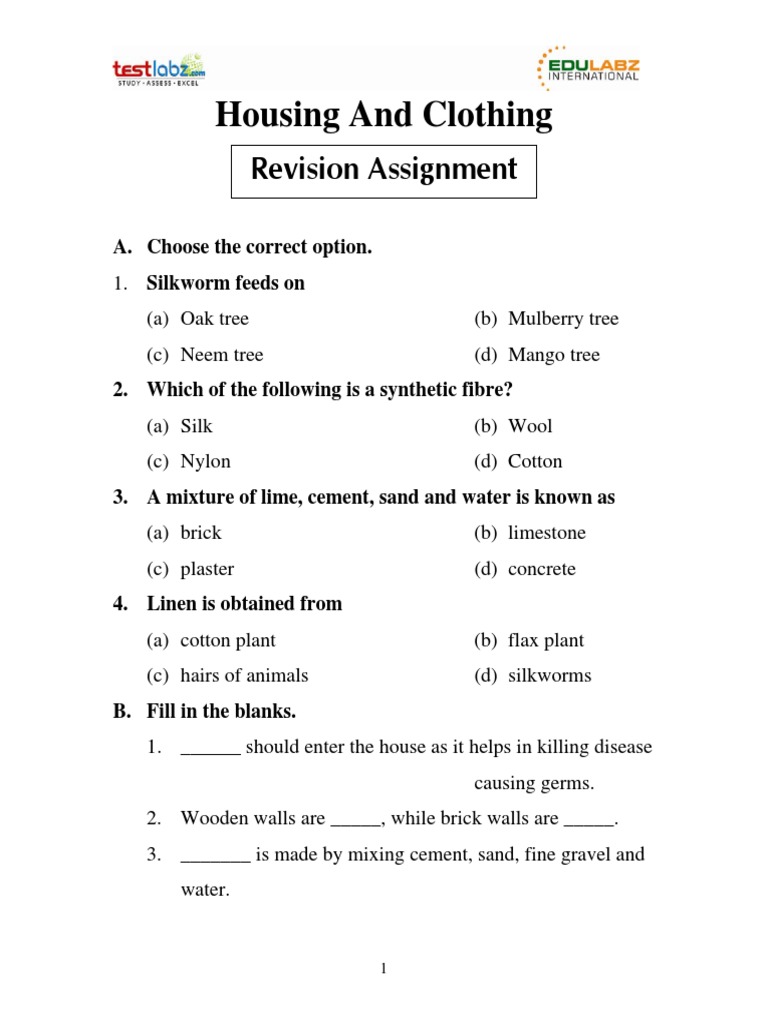 Housing and Clothing: Revision Assignment | PDF