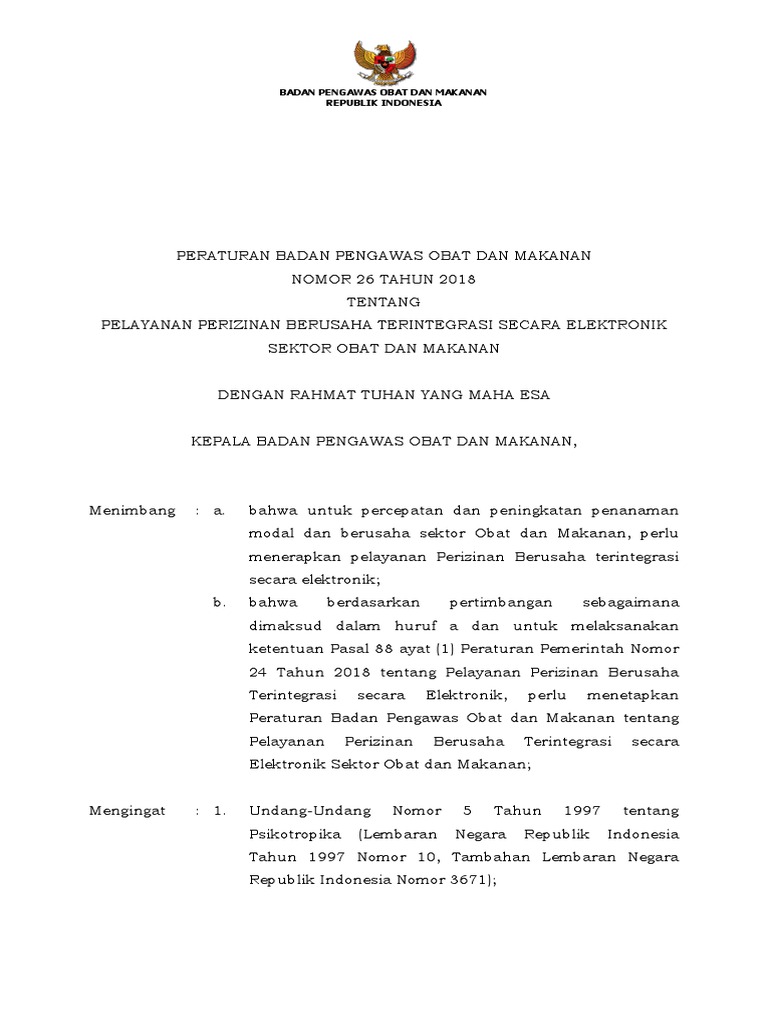 PerBPOM 26 Tahun 2018 Tentang OSS BPOM - Join 1.nov.2018 PDF | PDF