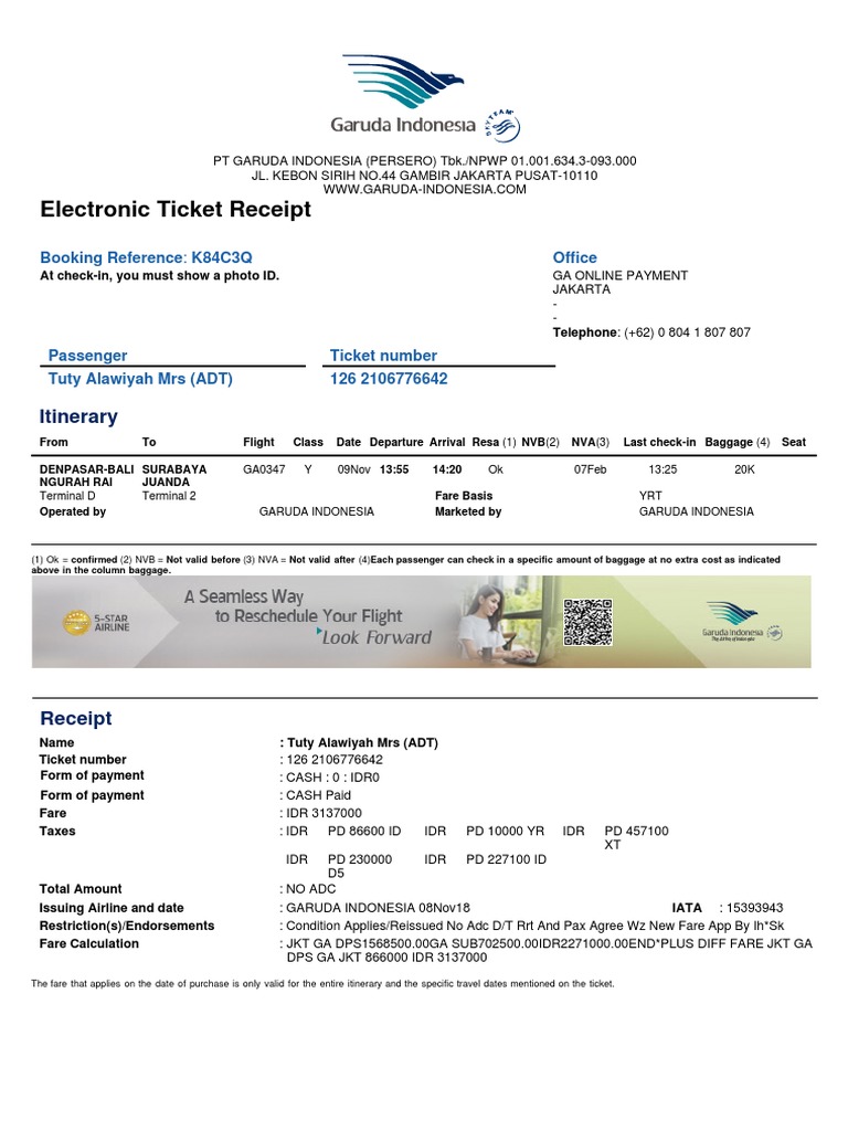 Garuda Indonesia Electronic Ticket Receipt | PDF | Business