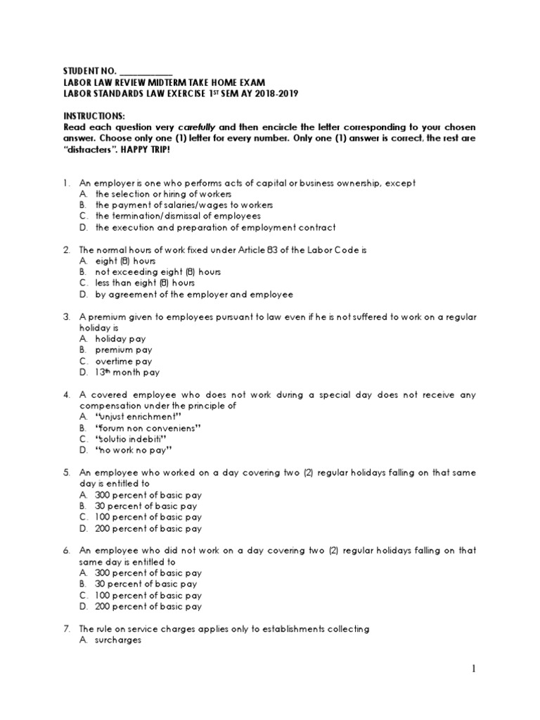 Labor Law Sample Questions MCQ | PDF | Overtime | Employment