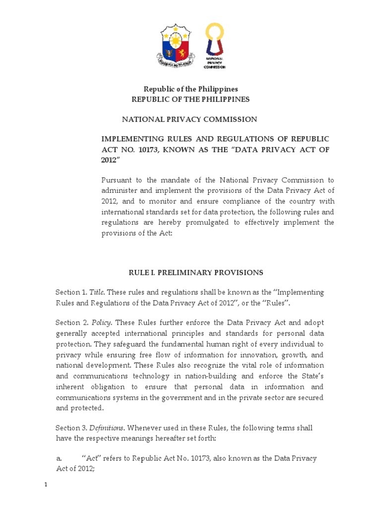 Data Privacy Act of 2012 Republic Act No. 10173 - Implementing Rules ...