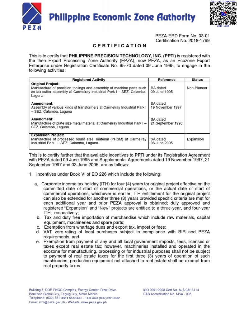 PEZA Certification for Philippine Precision Technology | PDF | Taxes ...