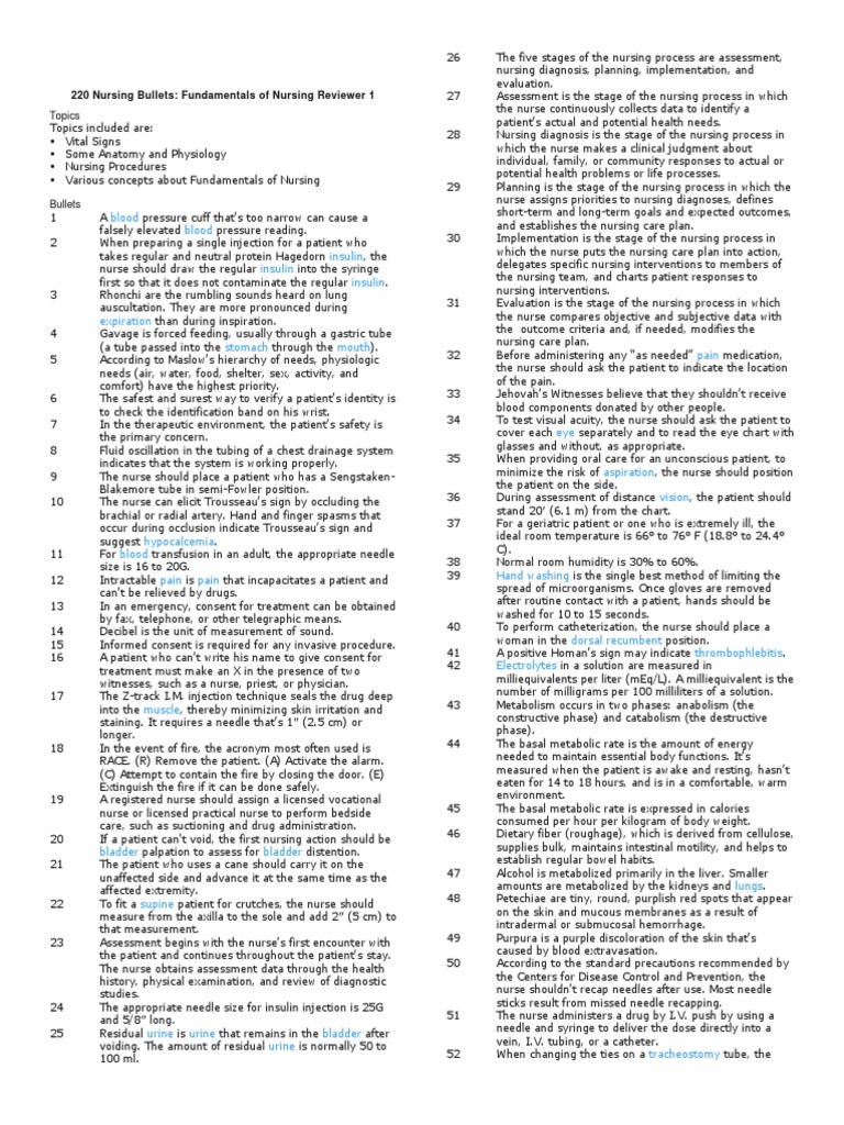 220 Nursing Bullets: Fundamentals of Nursing Reviewer 1: Topics | PDF ...