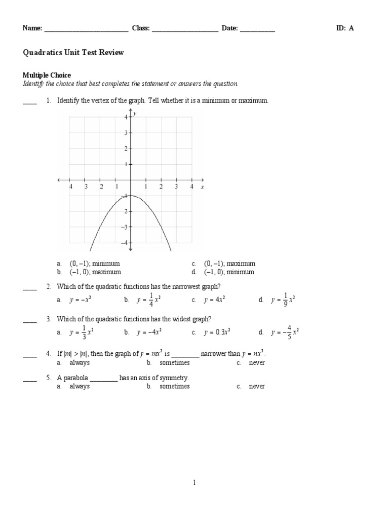 Quadratics Unit Test Review | PDF | Quadratic Equation | Mathematical ...
