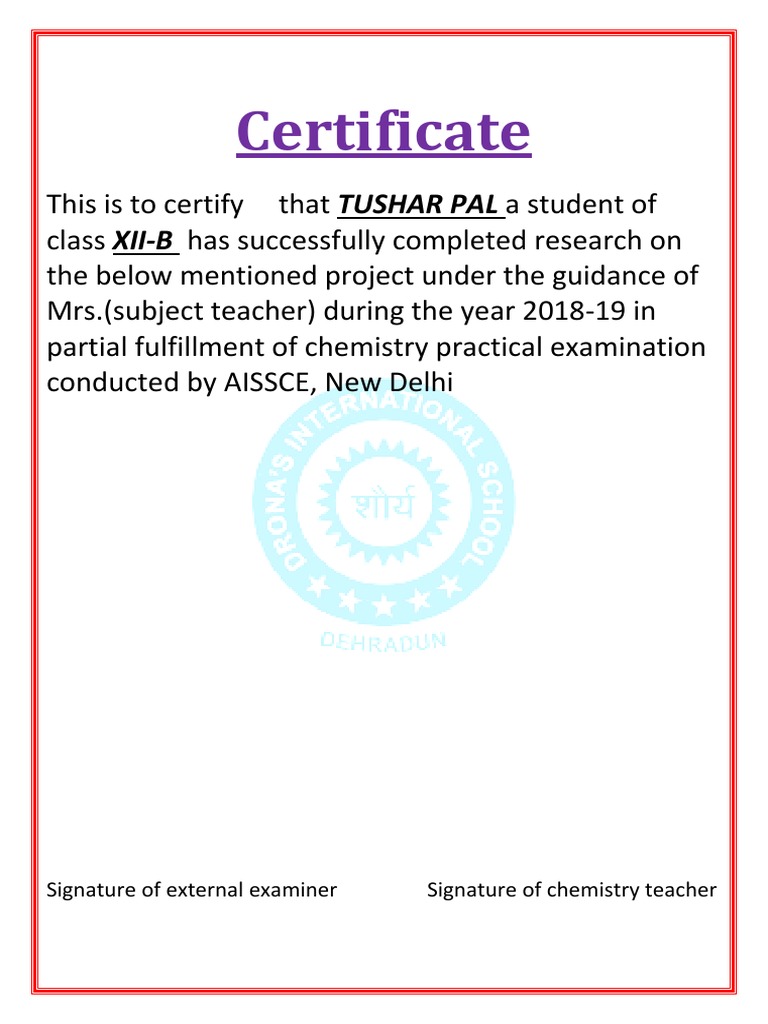 Certificate: Signature of External Examiner Signature of Chemistry ...
