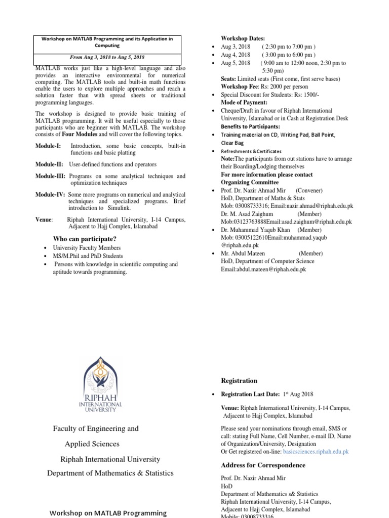 From Aug 3, 2018 To Aug 5, 2018: Workshop On MATLAB Programming and Its ...