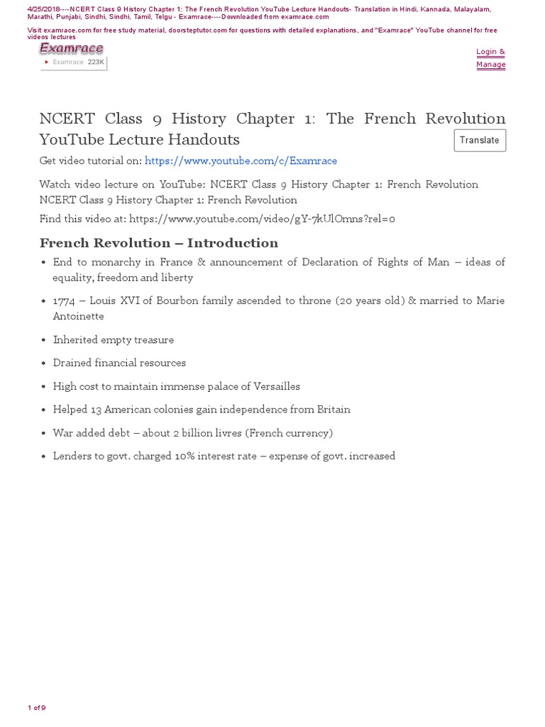 NCERT Class 9 History Chapter 1 YouTube Lecture Handouts | PDF | French ...
