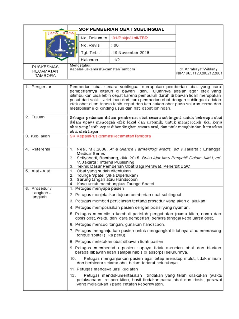 SOP Pemberian Obat Sublingual | PDF