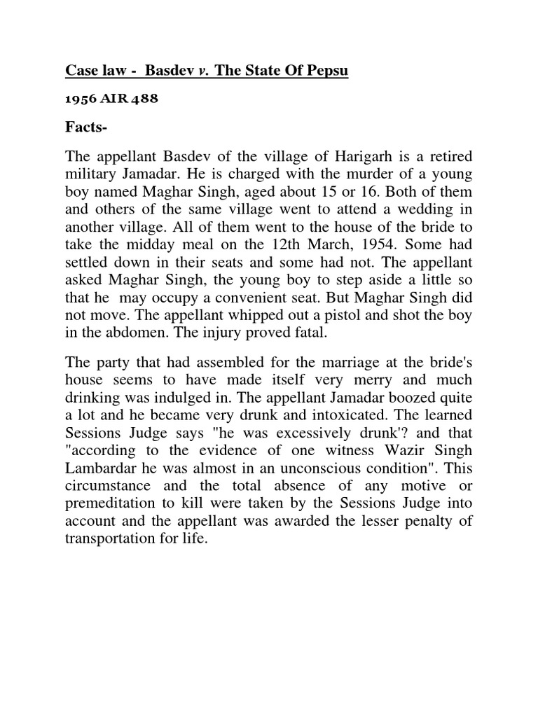 Case Law - Basdev v. The State of Pepsu | PDF | Alcohol Intoxication ...
