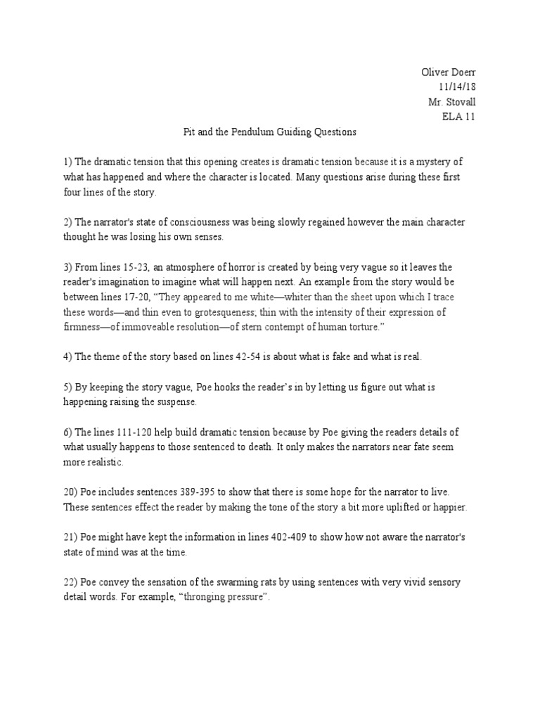 Pit and The Pendulum Guided Questions | PDF | Narration