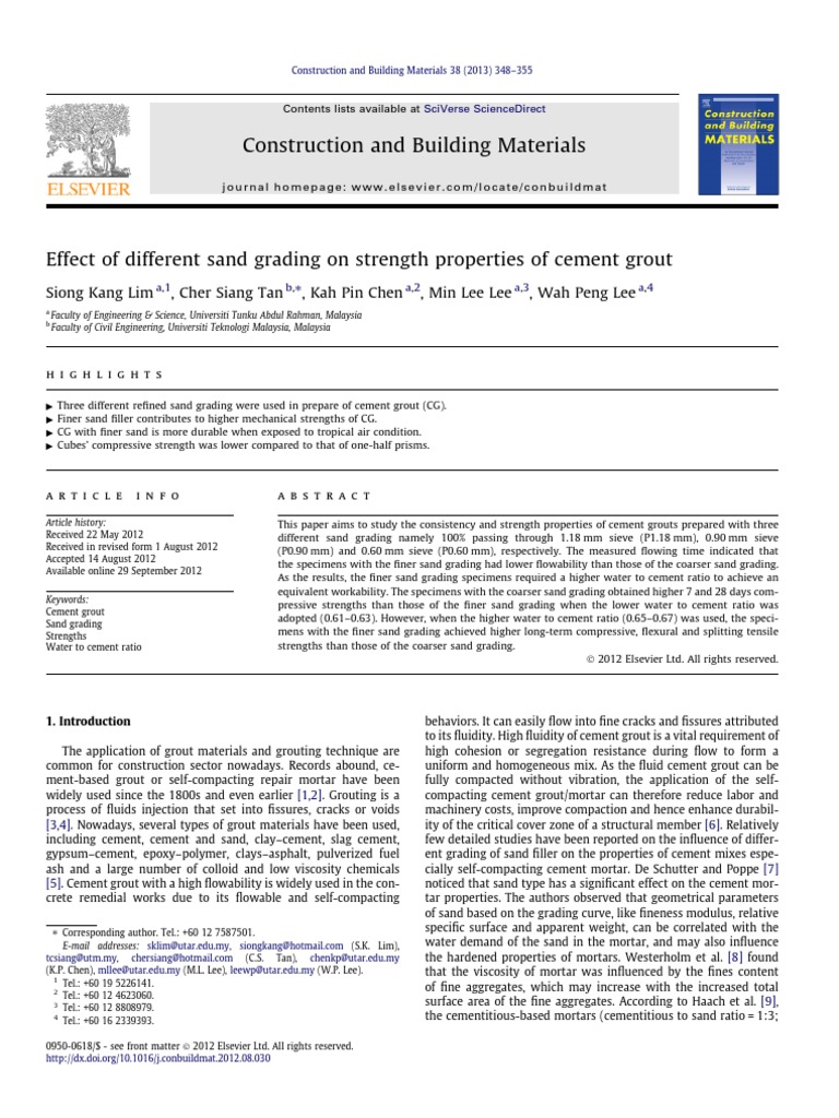Effect of Different Sand Grading On Strength Properties of Cement Grout ...