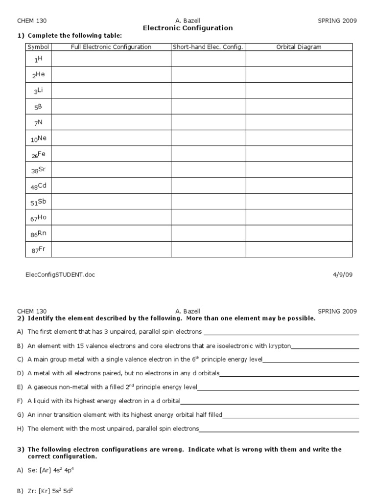Electronic Configuration Exercises | PDF