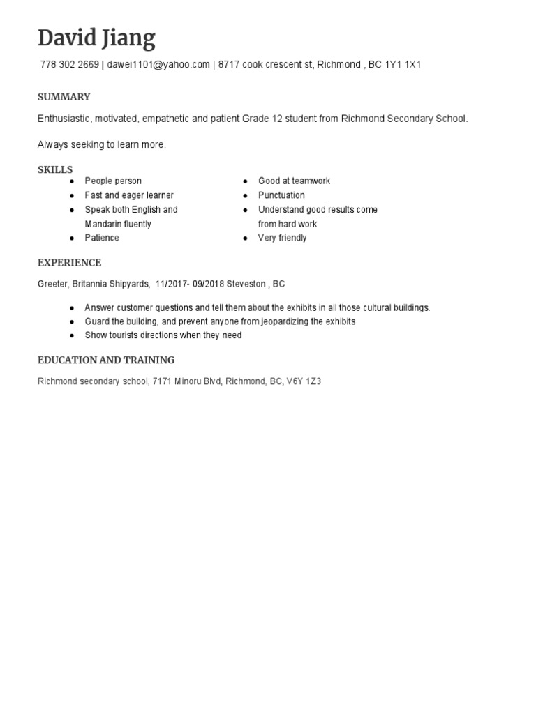 Grade 12 Student Resume - David Jiang | PDF